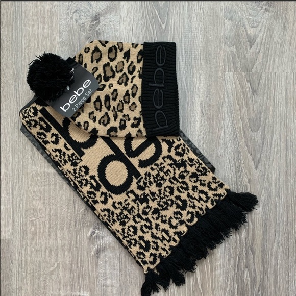 bebe | Accessories | Nwt Bebe Leopard Knit Pompom Hat And Scarf Set ...